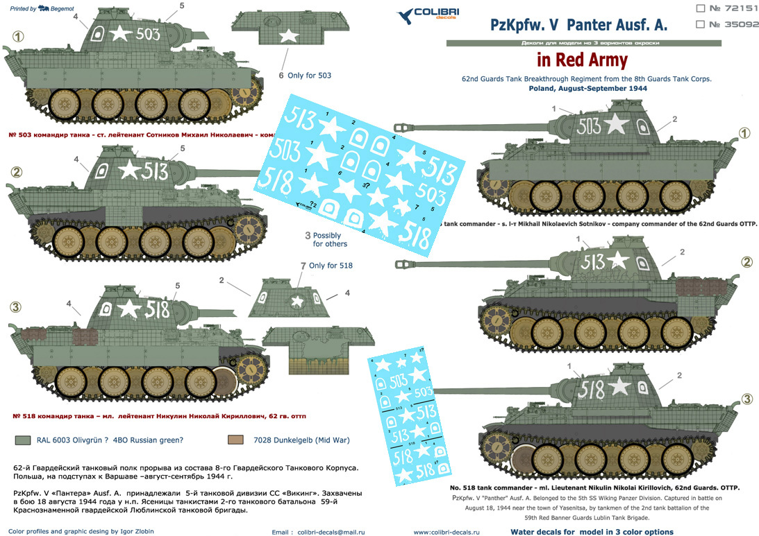 1/35 Декали PzKpfw. V Panther Ausf.A. Красная Армия (на 3 вариантов ...
